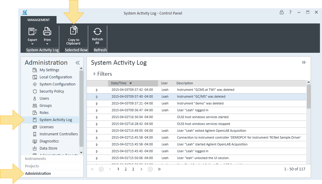 Copy an activity log entry (Control Panel)