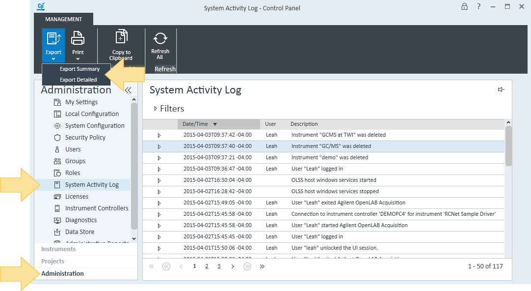 Export the activity log (Control Panel)
