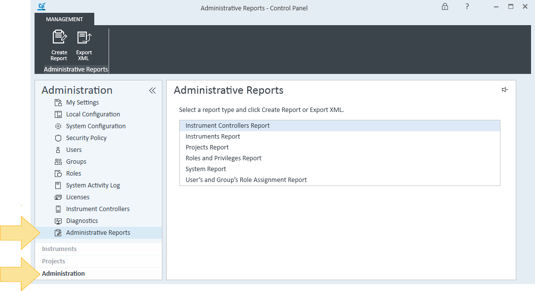Create or export administrative reports (Control Panel)