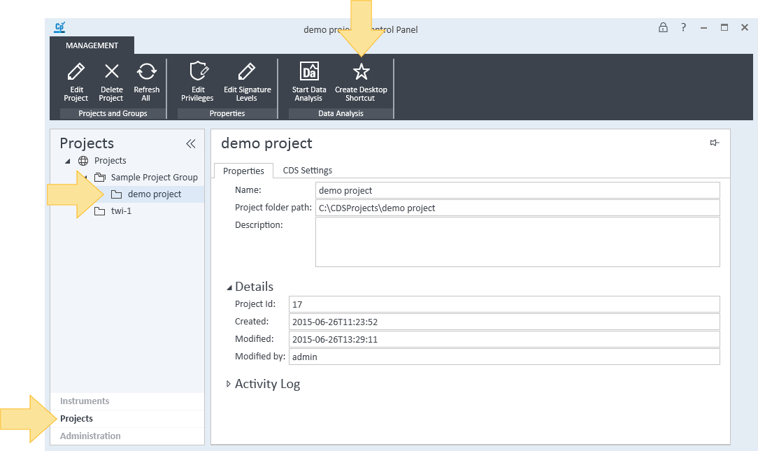 Create a desktop shortcut for a project (Control Panel)