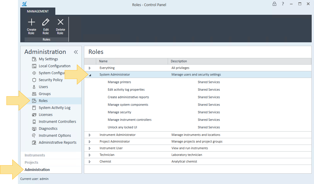 Role privilege(역할 권한) 보기(Control Panel(제어판))